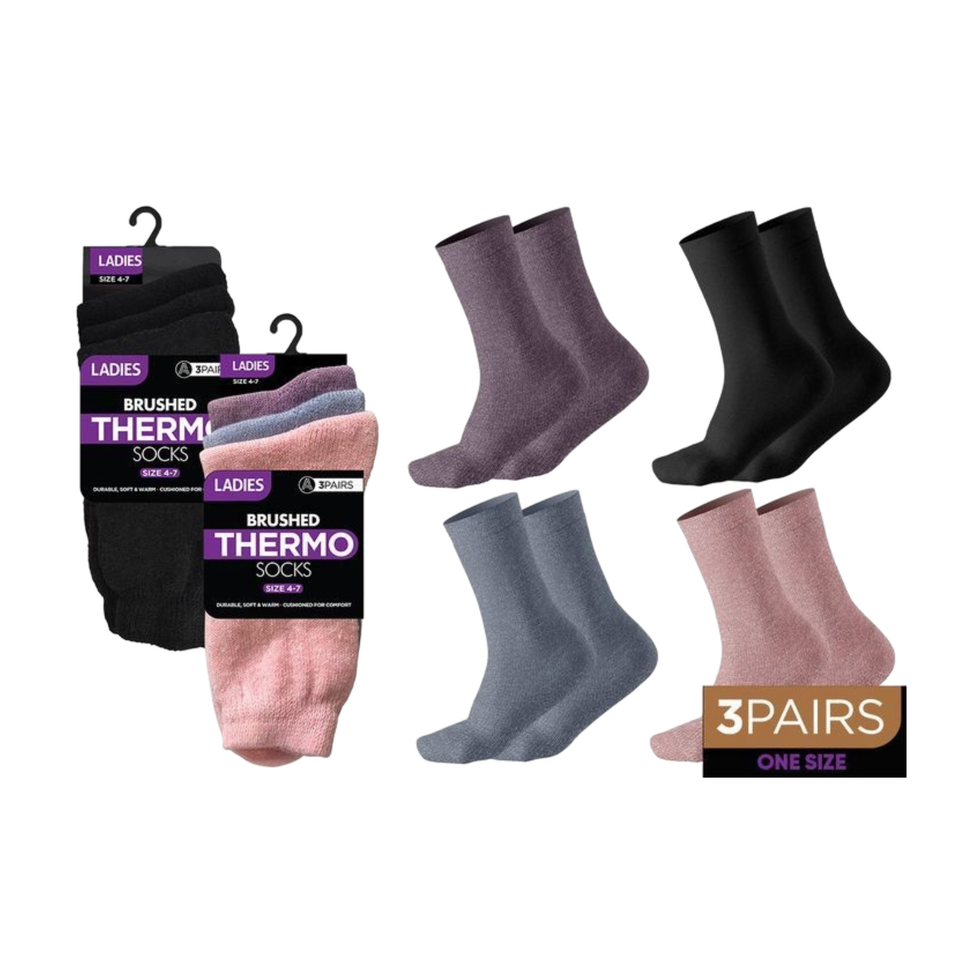 Ladies Brushed Thermo Socks 3pk Assorted | Clothing