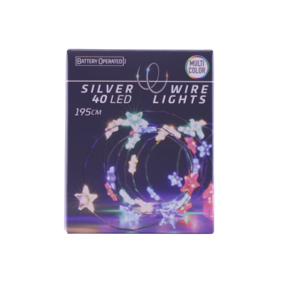 Star 40 LED Lights Silver Wire Multi Colour 195cm | Christmas