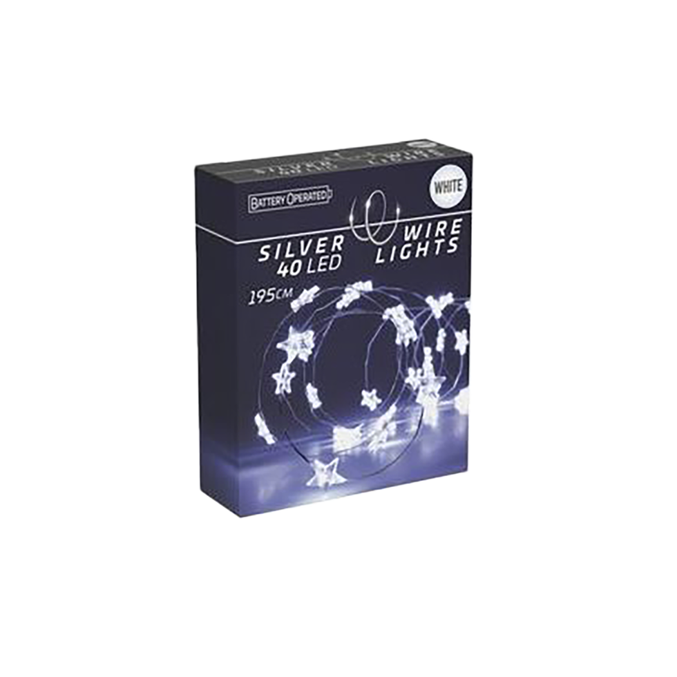 Star 40 LED Lights Silver Wire White 195cm | Christmas